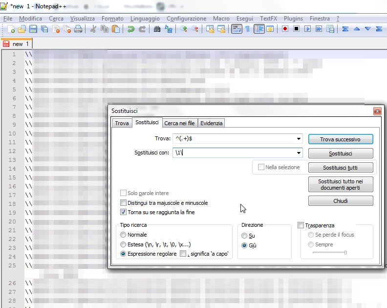 Notepad++: appendere testo alla fine di ciascuna riga